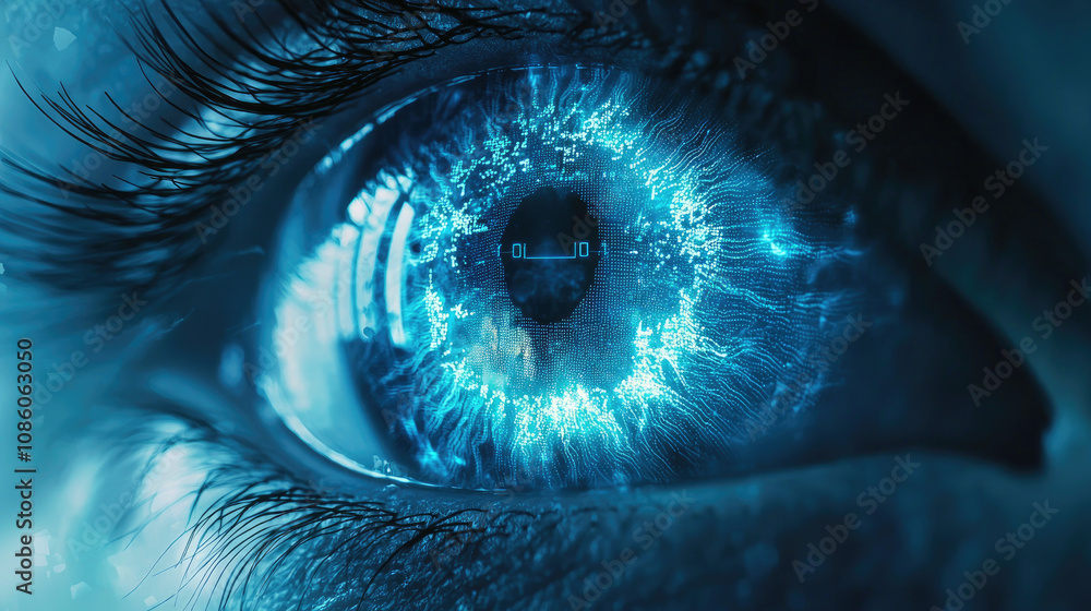 Human eye with digital biometric data, facial recognition technology ...