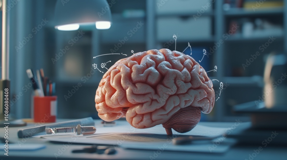 ภาพประกอบสต็อก Detailed 3D brain model displayed on a medical desk with ...