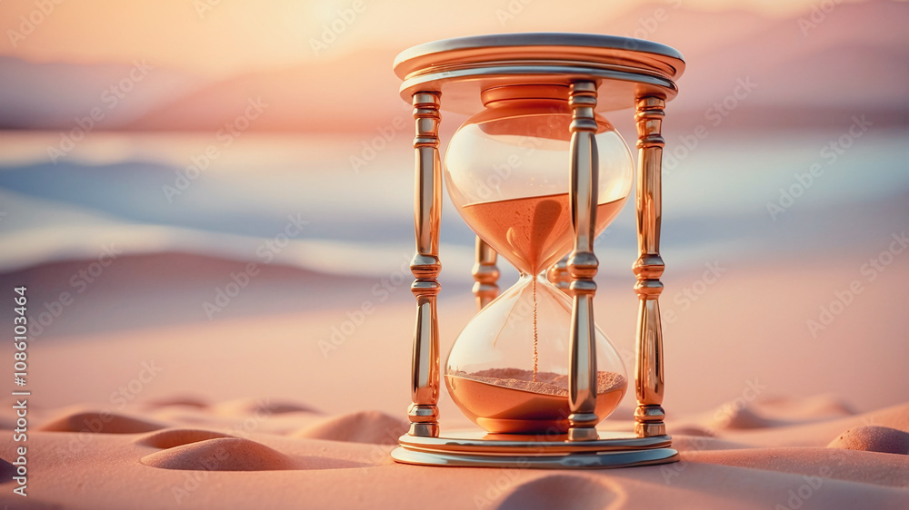 Pink sand hourglass on magical pastel background with sand dunes ...