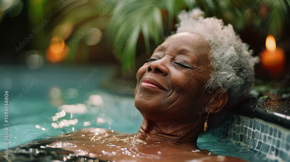 Happy elderly african woman relaxing in a pool of water on wellness spa ...