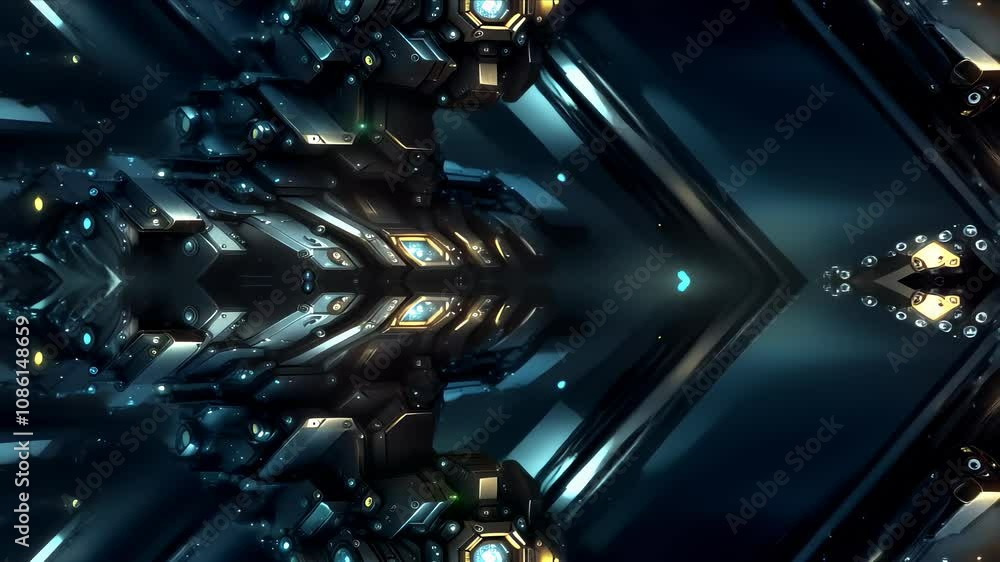 Complex sci-fi HUD with layered blue-gray metal textures and LED nodes ...