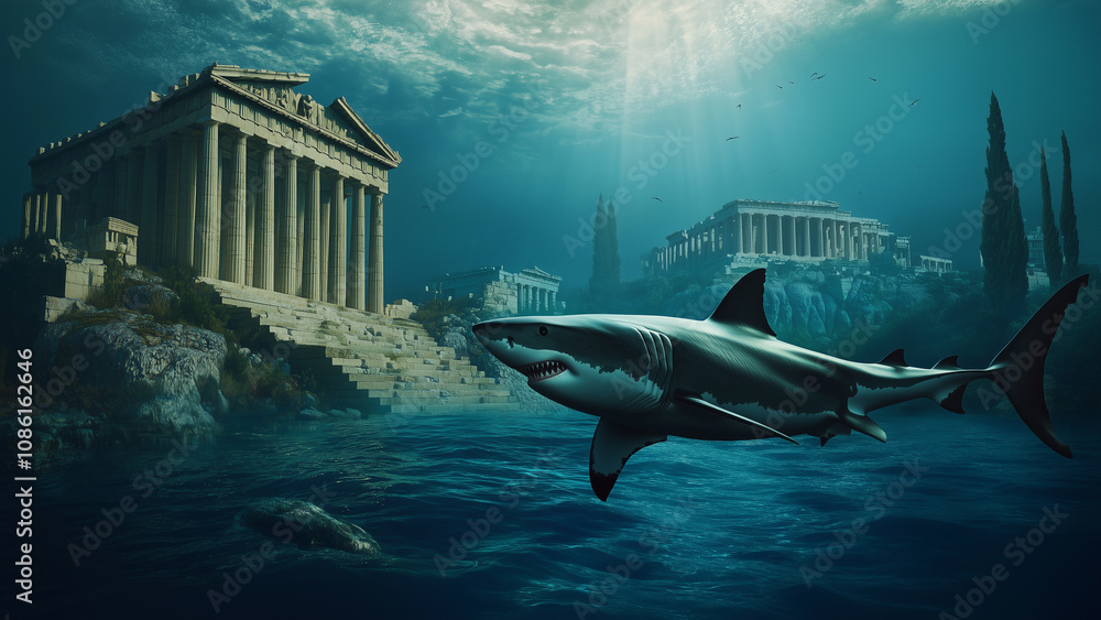 Ancient Depths: A Great White Shark Among Greek Acropolis Ruins Stock ...