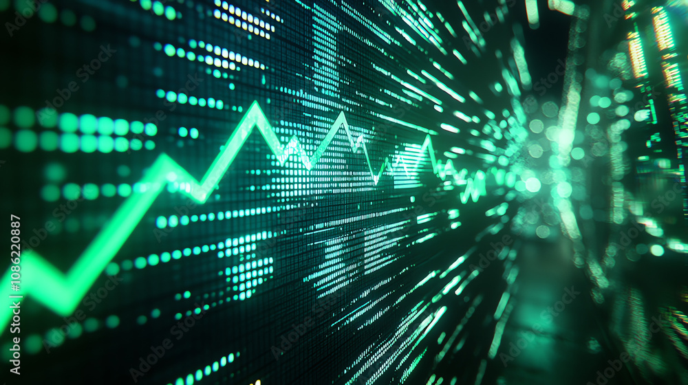 Abstract depiction of a dynamic stock market ticker board with green ...