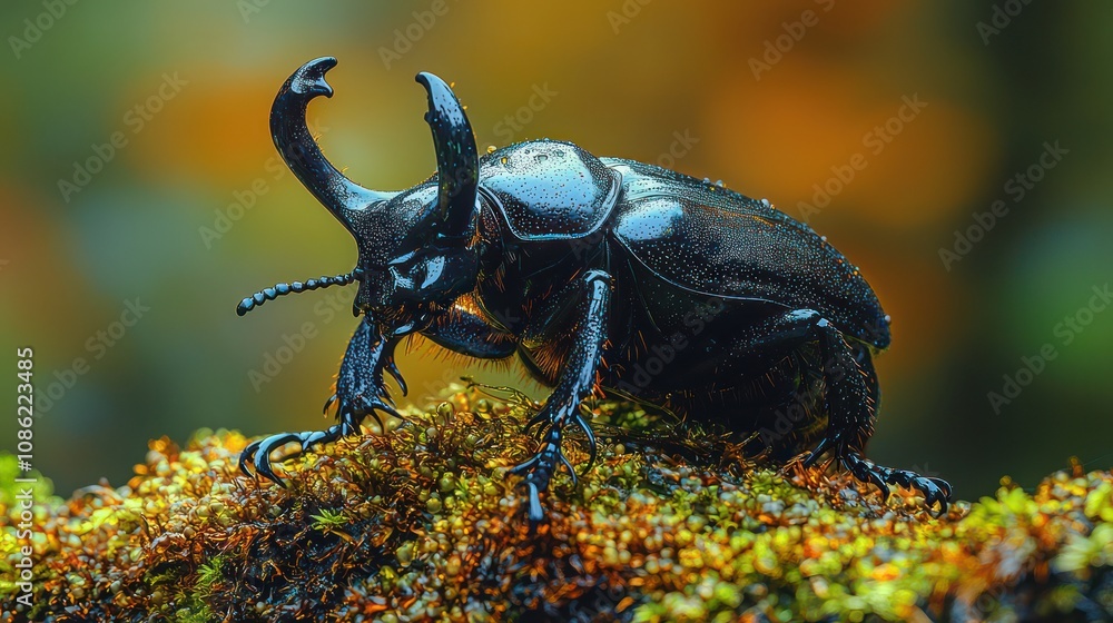 a Hercules Beetle climbing over a moss-covered log, its massive horn ...
