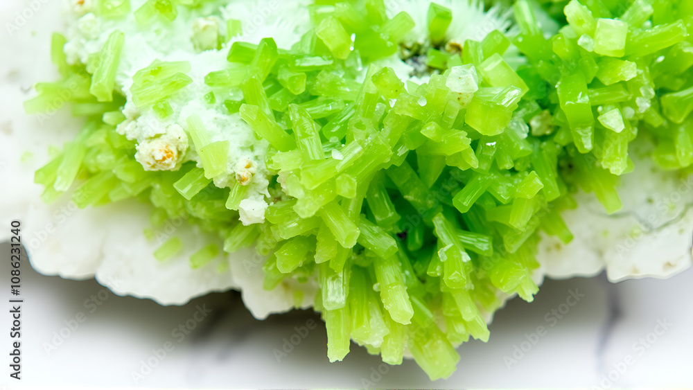Vibrant green actinolite crystals embedded in a white marble matrix ...
