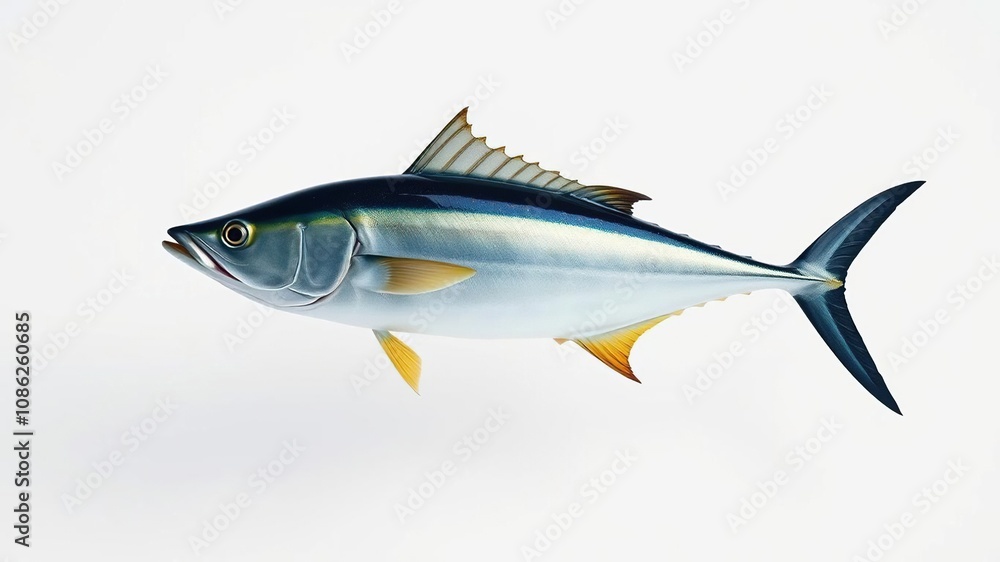 Against a pristine white backdrop, a mahi mahi fish is suspended in mid ...