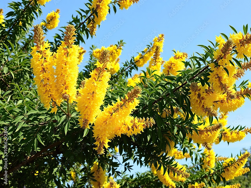 Yellow flowers of Senna spectabilis on a tree with dense leaves in a ...