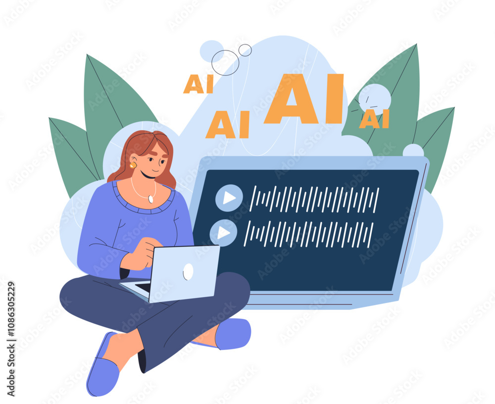 Woman with artificial intelligence. Young girl near computer with ai ...