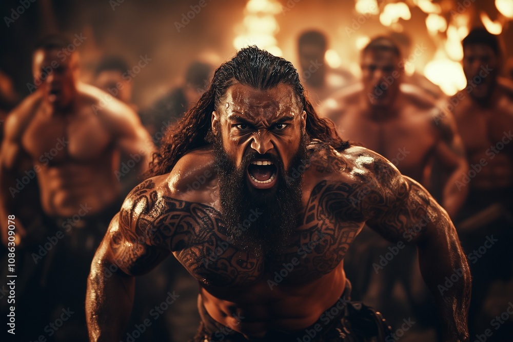 A group of Māori men performing the haka with intense expressions ...