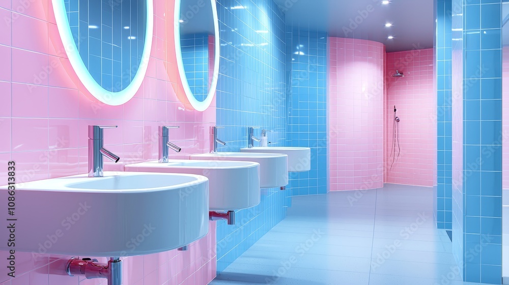 Compact hostel washroom with lively tile patterns in bold blue and pink ...