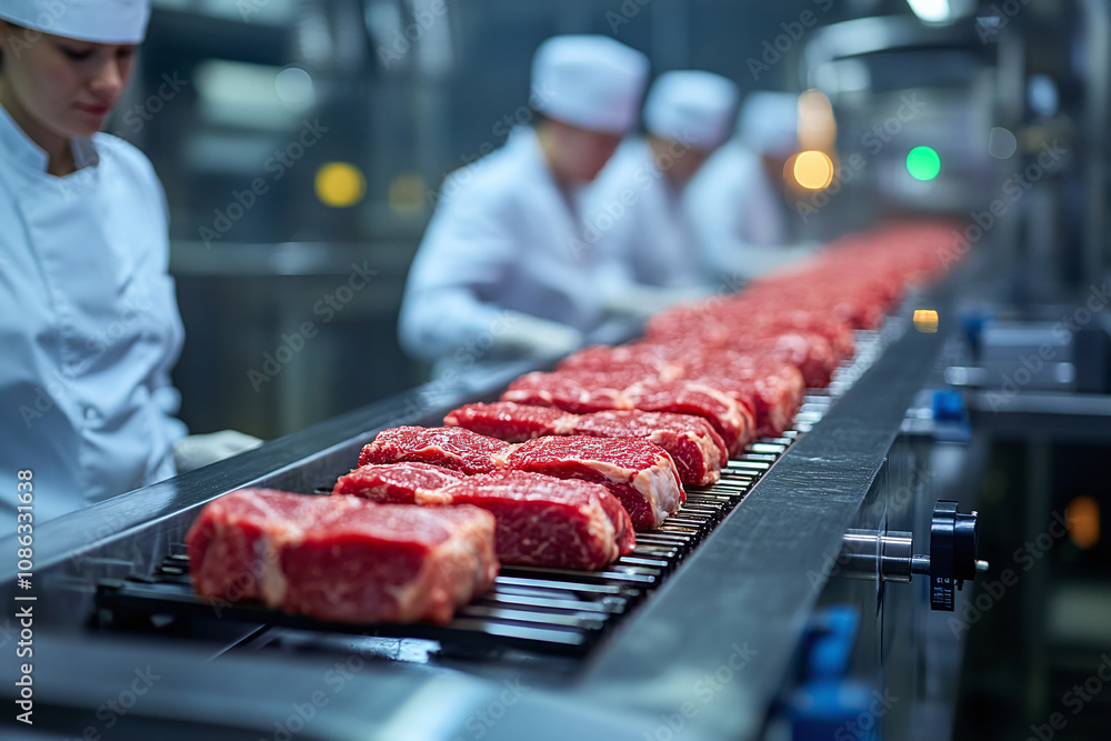 A high-tech food production line in a meat processing factory, where ...