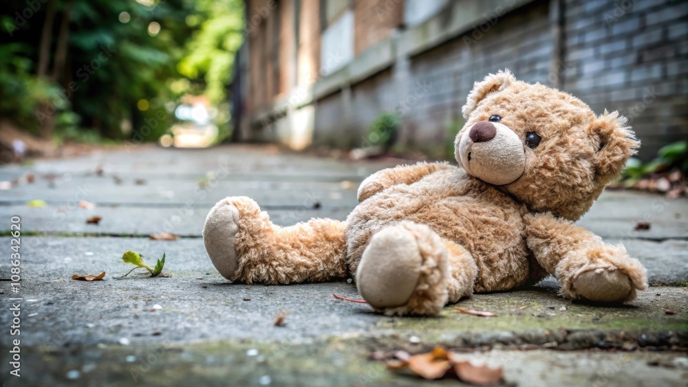Destroyed stuffed teddy bear lying on the floor outside , damaged, toy ...