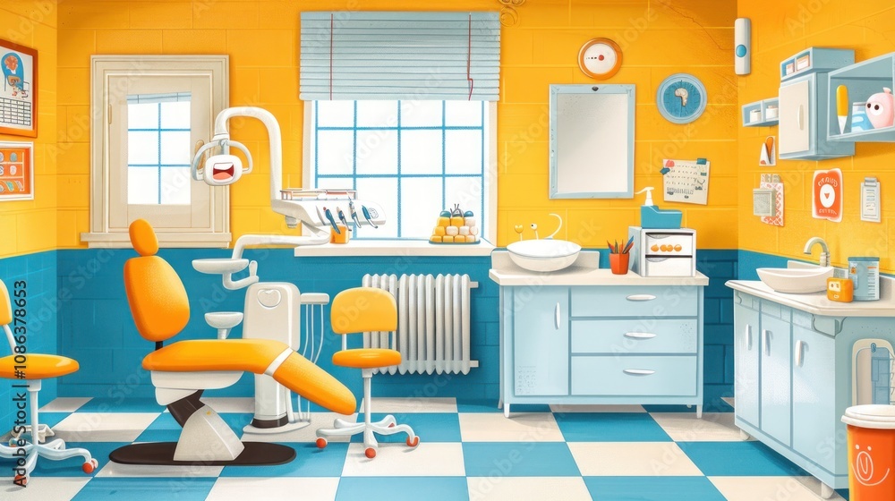 A cartoon illustration of a dentist's office with a dental chair, a ...