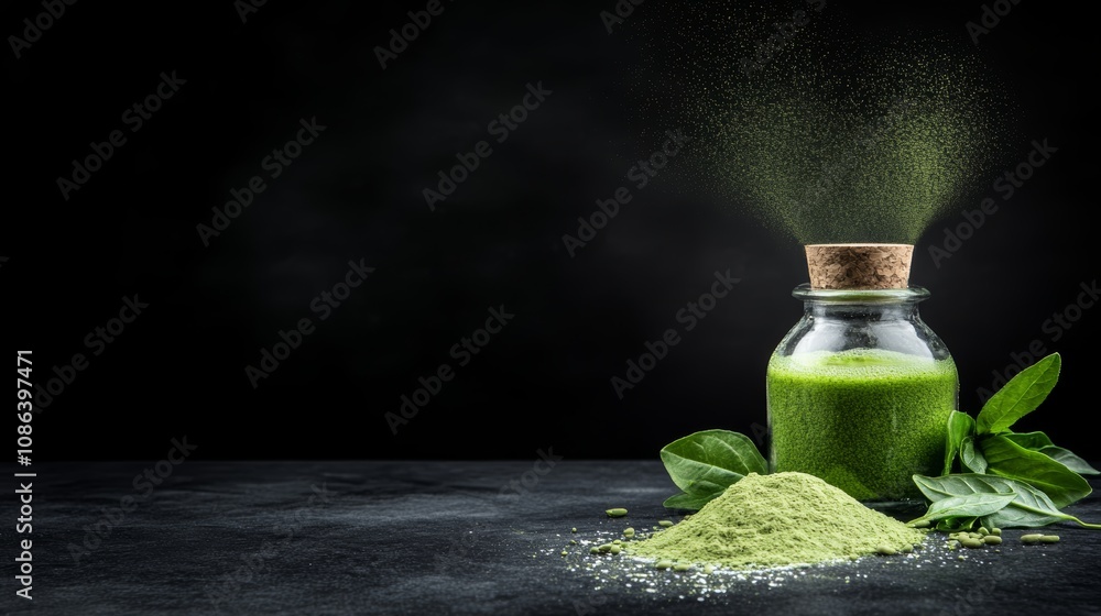 Dynamic eruption of green powder from bottle, a vibrant explosion of ...