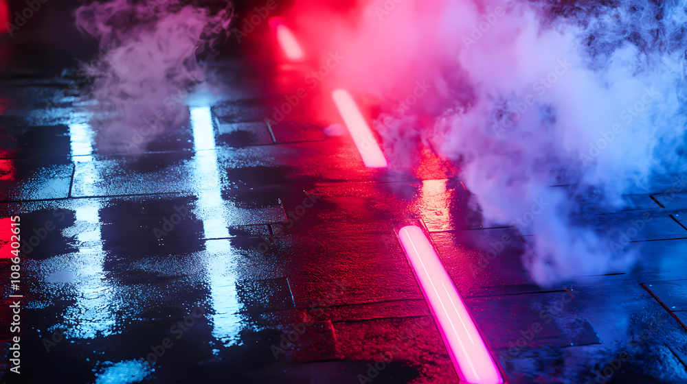 Neon lights and smoke reflect on wet concrete floor, red , blue , neon ...