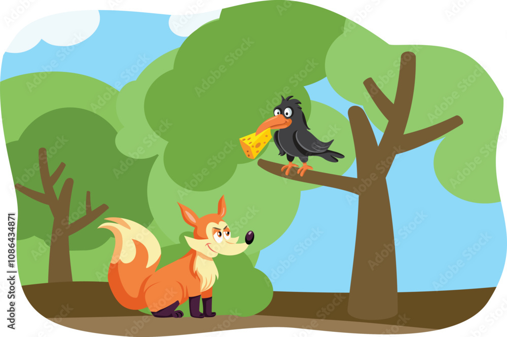 Fox and the Raven Fable Vector Cartoon Illustration. Classical fable ...