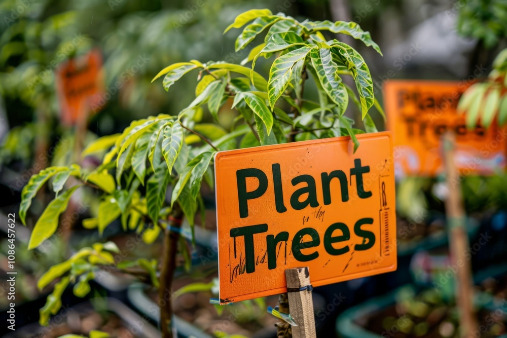 A bright sign saying "Plant Trees" in contemporary sans serif font ...
