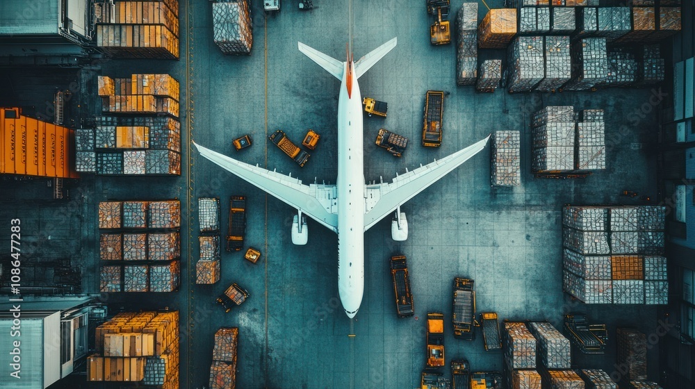 An international cargo plane parked at an airport logistics terminal ...