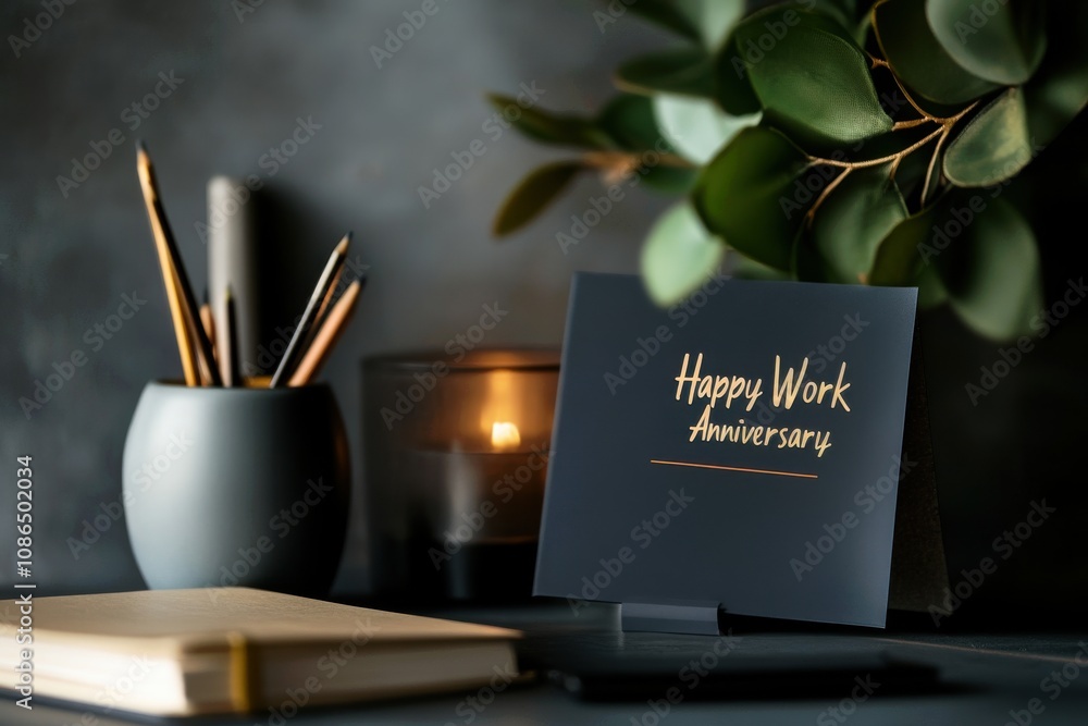Happy work anniversary concept. A stylish workspace featuring a work ...
