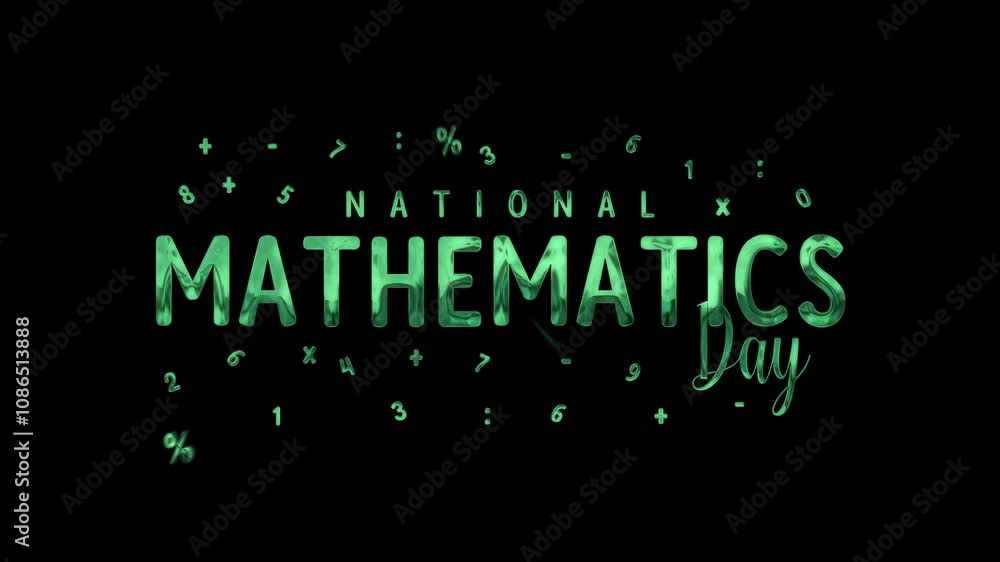 National Mathematics Day text animated. Calligraphy in green color ...