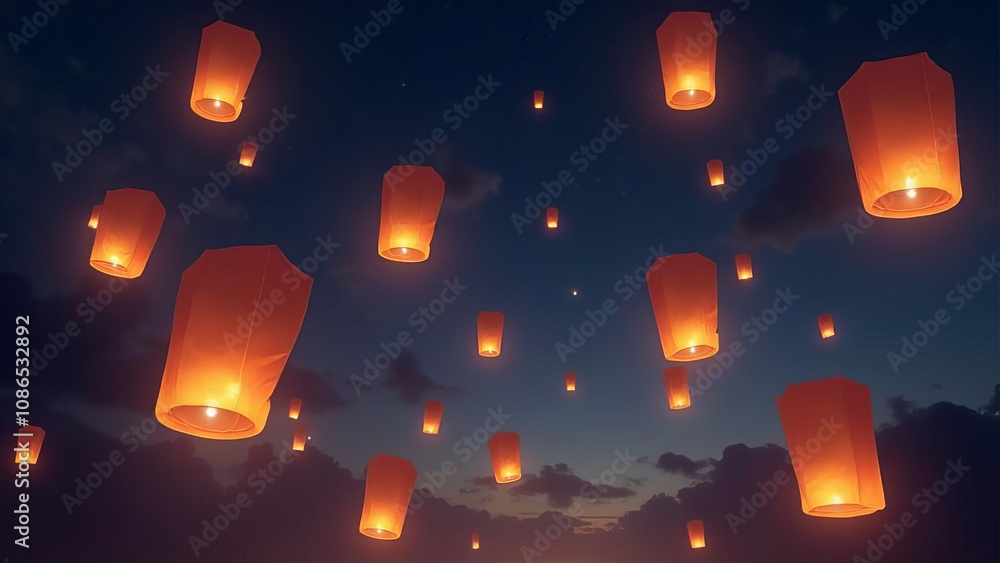 Flying Lanterns in Night Sky: Magical Festival Scene with Traditional ...