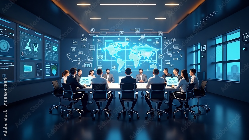Visualize a business meeting with executives interacting with AI-driven ...