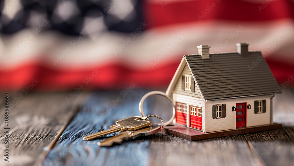 Miniature House Model with Keys in Front of American Flag Background ...