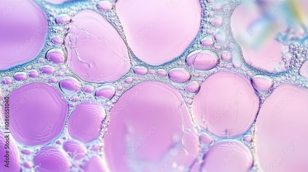 Macro close up of soap bubbles look like scienctific image of cell and ...