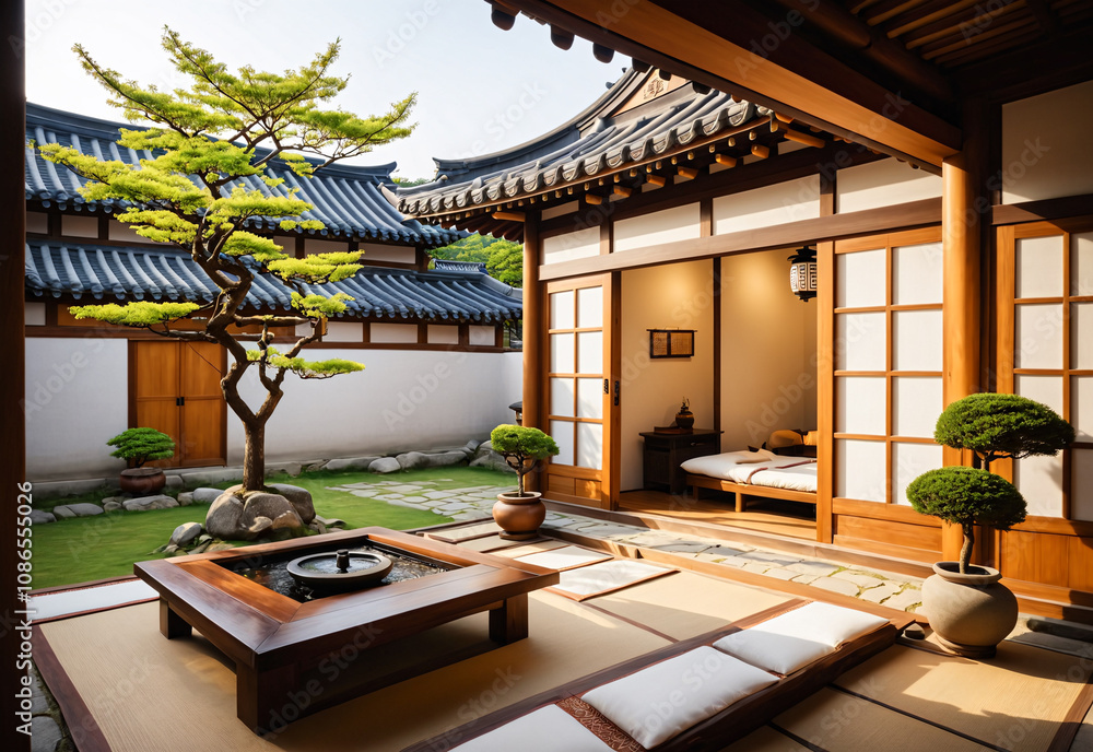 A traditional Korean hanok-style living space opening onto a charming ...