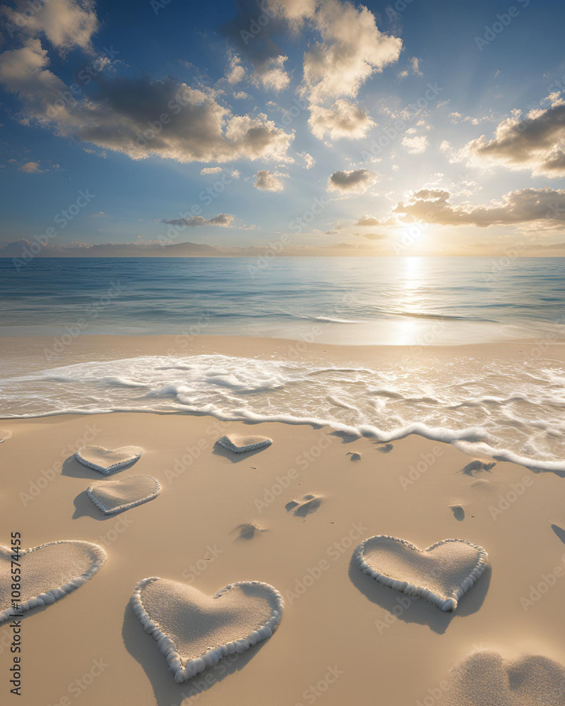 romantic beach scene, glowing pebble heart, heart-shaped rocks, beach ...