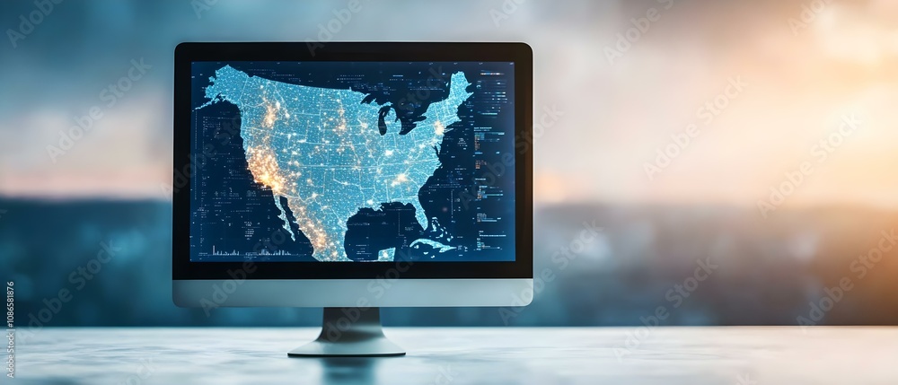 A computer monitor displaying a digital map of the United States with ...