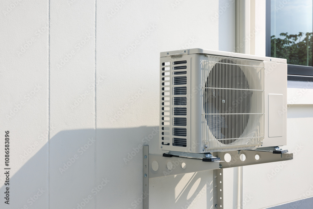 Condenser unit or compressor outside home or residential building. Unit ...