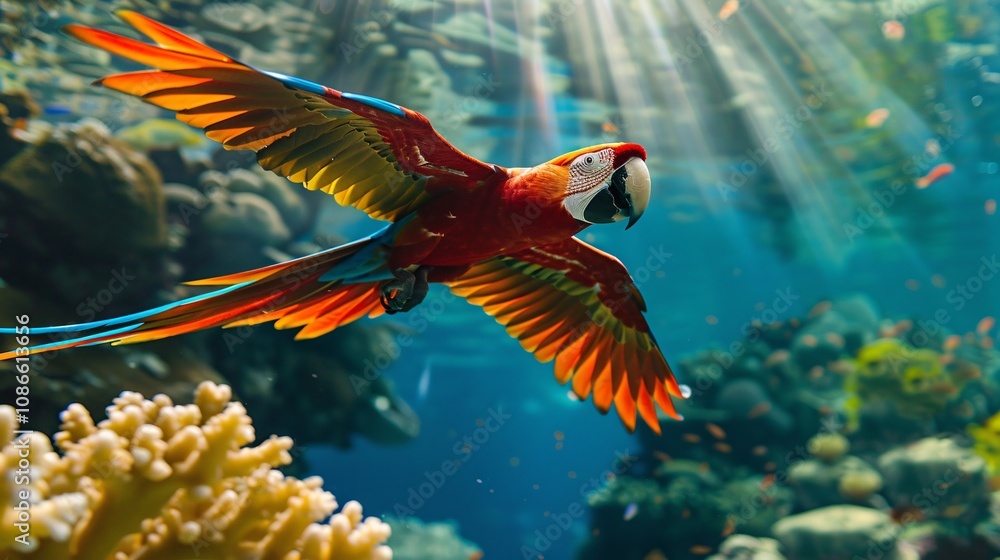Macaw flying over a Caribbean coral reef, vibrant colors captured in ...