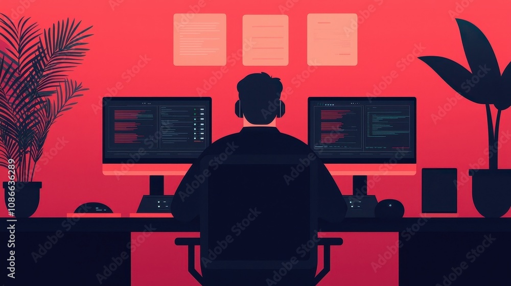 Programmer Coding at Night Red Room Dual Monitors Stock Illustration ...