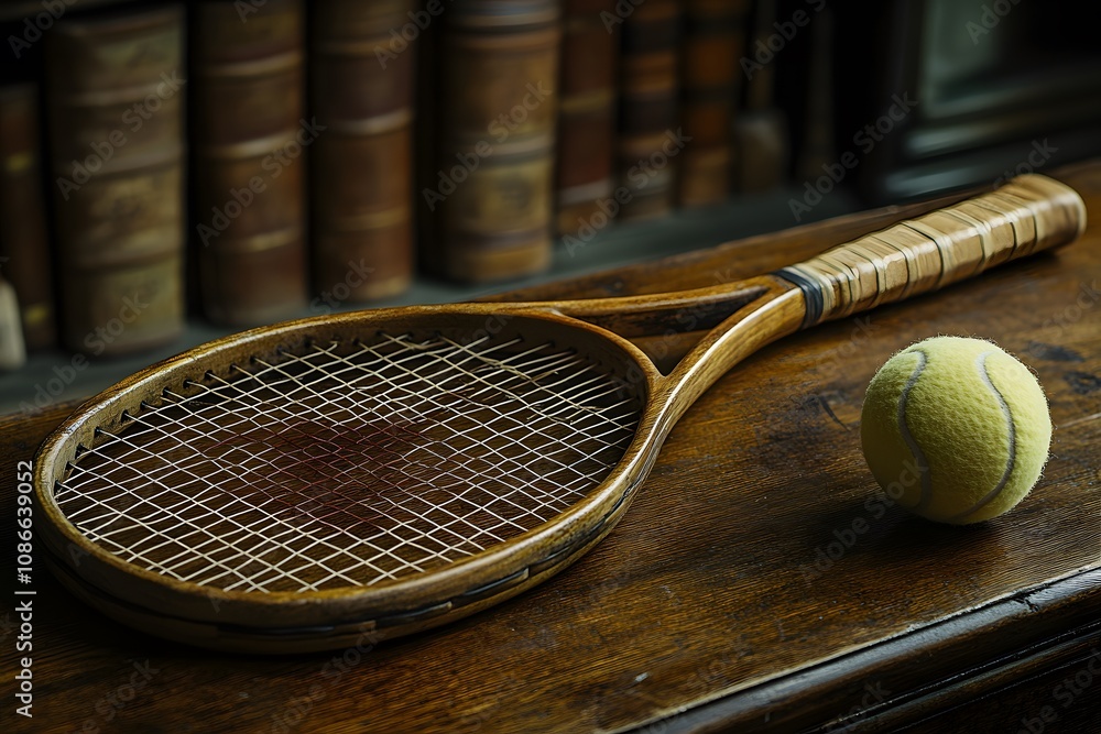 Classic wooden tennis racket with an old-style tennis ball, retro ...