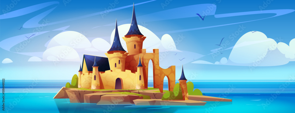 Medieval castle on rocky island in blue sea or ocean water. fortress ...