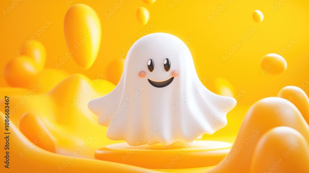 Smiling 3D ghost character in draped white fabric amidst playful shapes ...