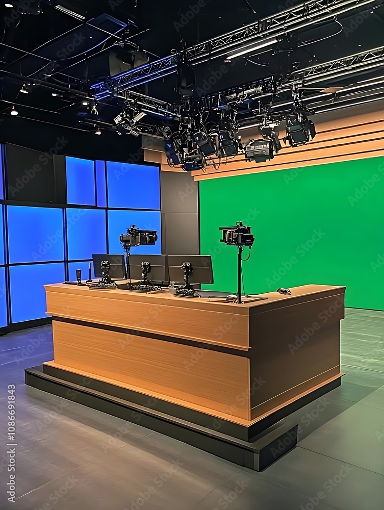 Fully Equipped News Studio Setup with Modular Desk, Green Screen, and ...