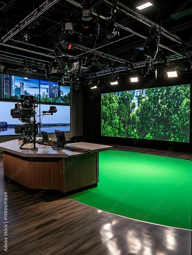 Fully Equipped News Studio Setup with Modular Desk, Green Screen, and ...