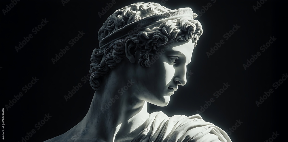 apollo greek god statue close up portrait on plain black background ...