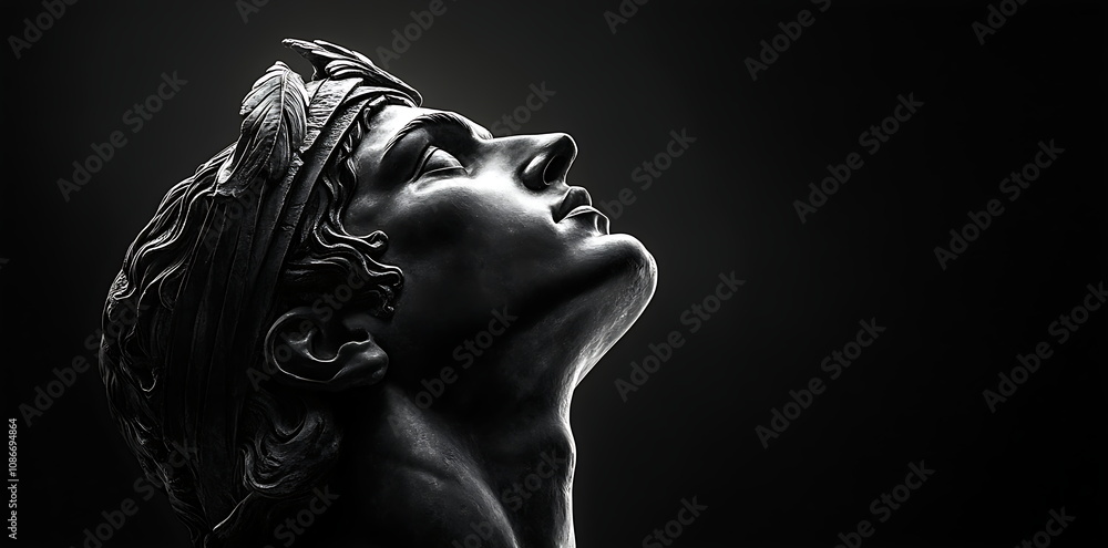 apollo greek god statue close up portrait on plain black background ...