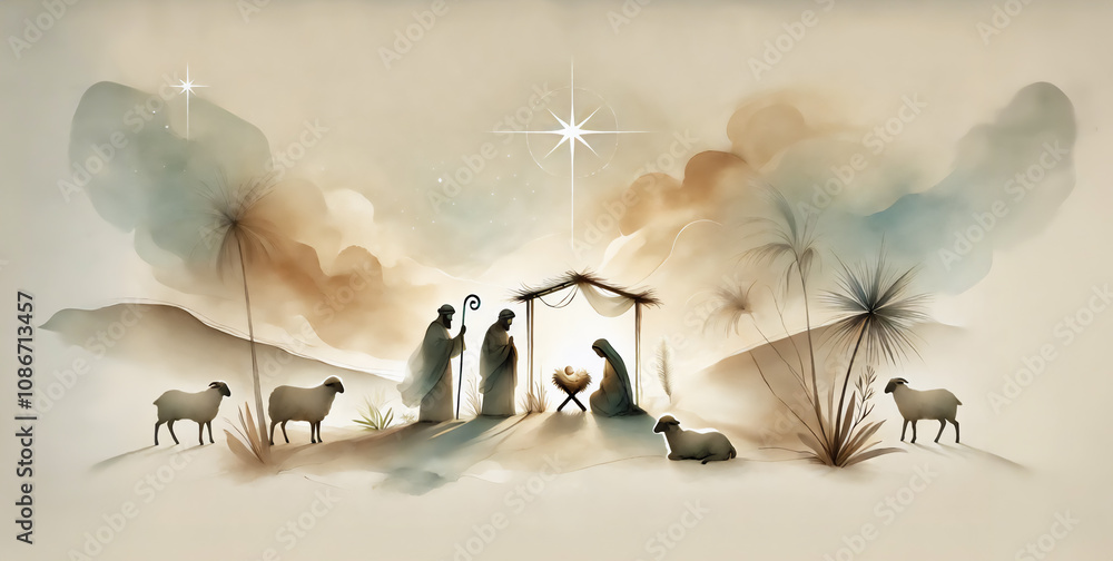 Nativity scene in Bethlehem. Christmas scene illustration showing Holy ...