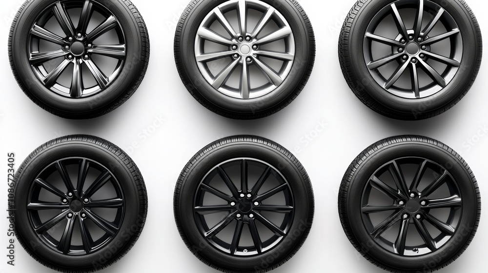 Row of black and gray tires are displayed on a white background. The ...