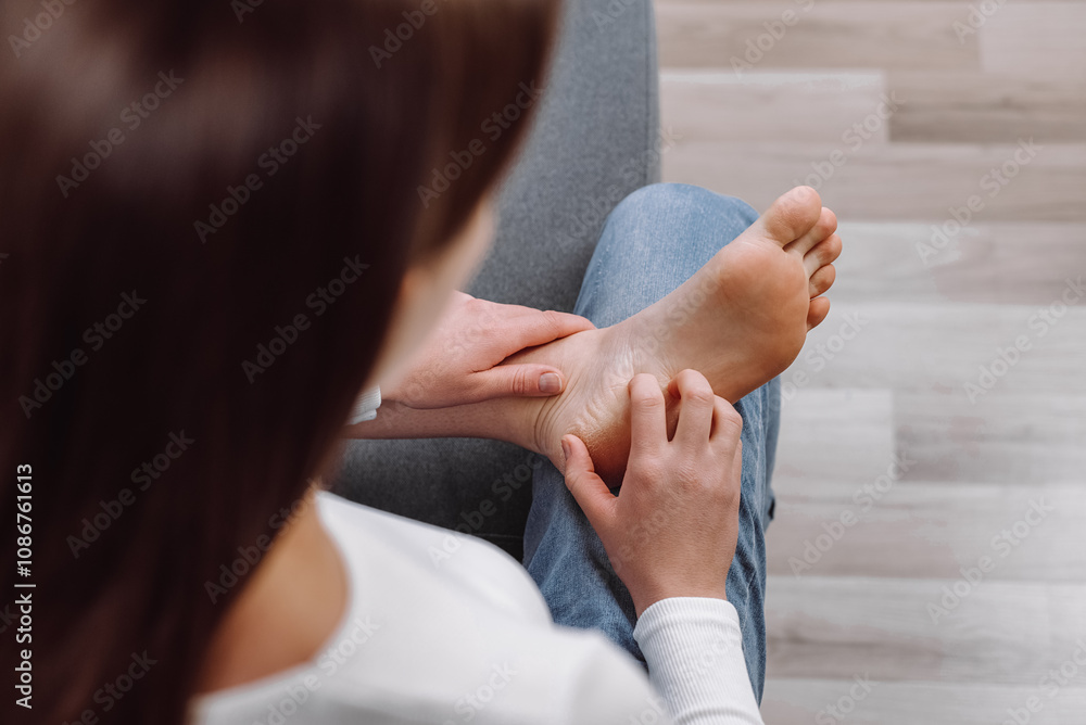 Top view of young woman with scratch feet, itch foot, problem itchy ...