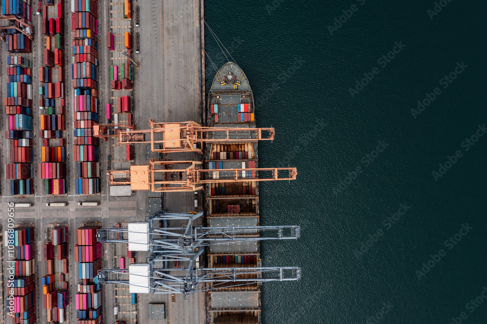 commercial port loading and unloading cargo from container ship import ...