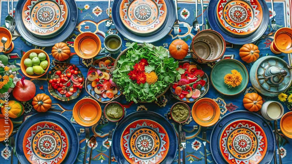 Festive mexican table setting featuring chiles en nogada and colorful ...