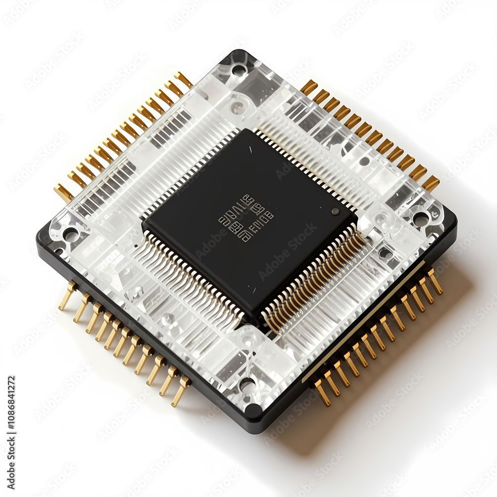 Crystal chip with gold connectors, top view macro on a seamless white ...