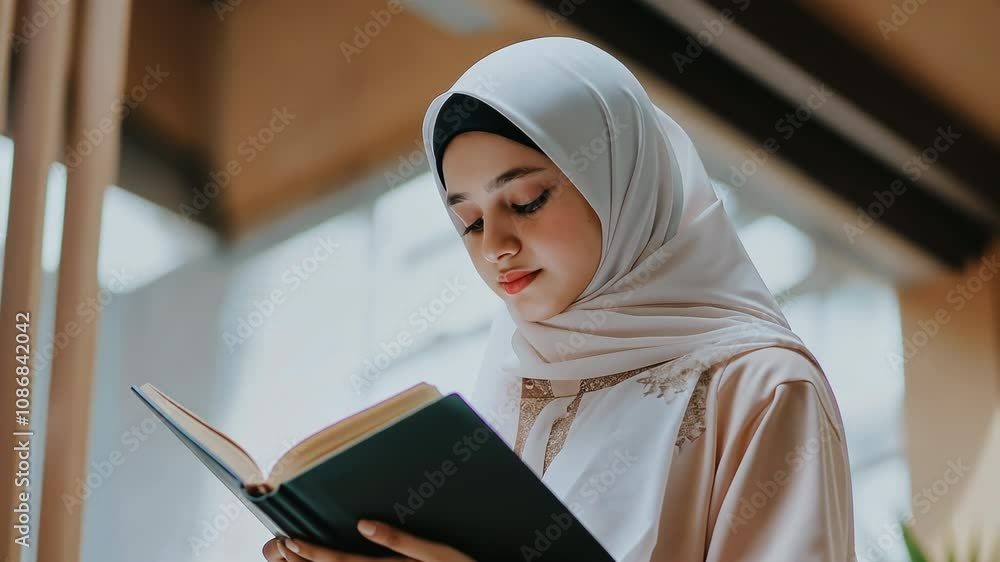 Muslim woman reading Quran in mosque, wearing turquoise hijab ...