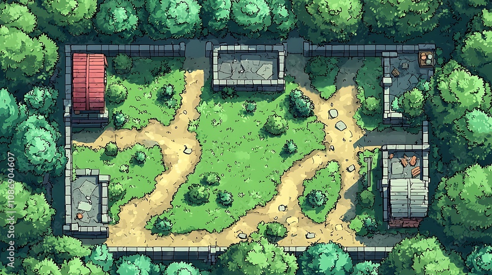 Aerial View of a Secluded Forest Compound A Top-Down Illustration of a ...