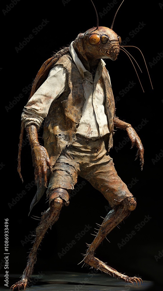 A humanoid creature with a cricket head, wearing a vest and shorts ...